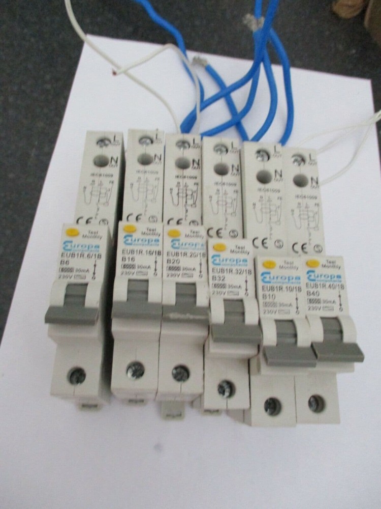 EUROPA EUB1R B6 B10 B16 B20 B32 B40 6 KA 30mA RCBO CIRCUIT BREAKERS