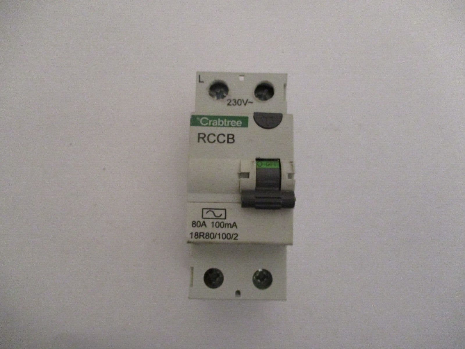 CRABTREE 80 AMP 100mA 18R80/100/2 DOUBLE POLE RCCB CIRCUIT BREAKER