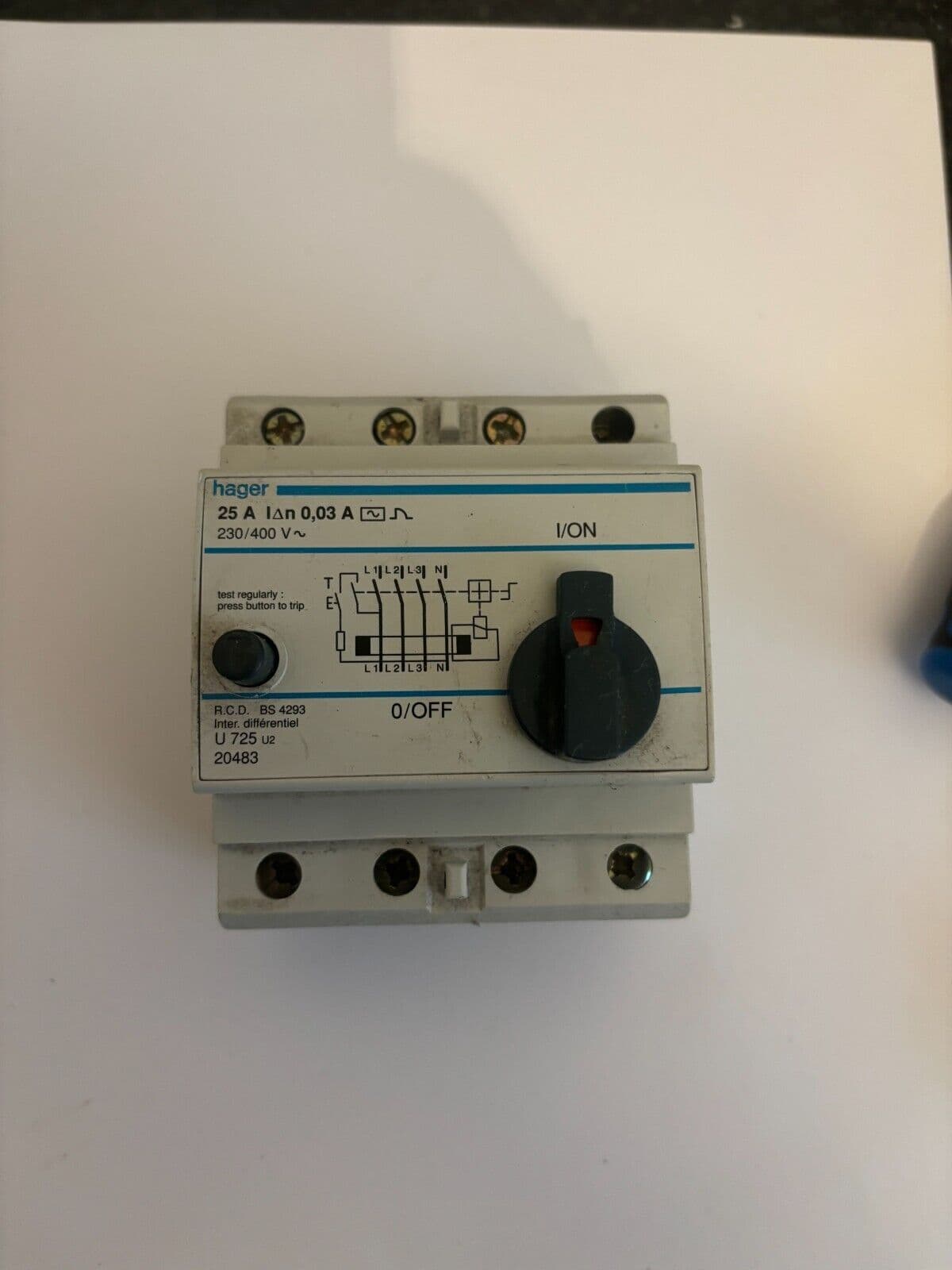 HAGER 25 AMP 30mA U 725 U2 20483 BS 4293 RCD CIRCUIT BREAKER