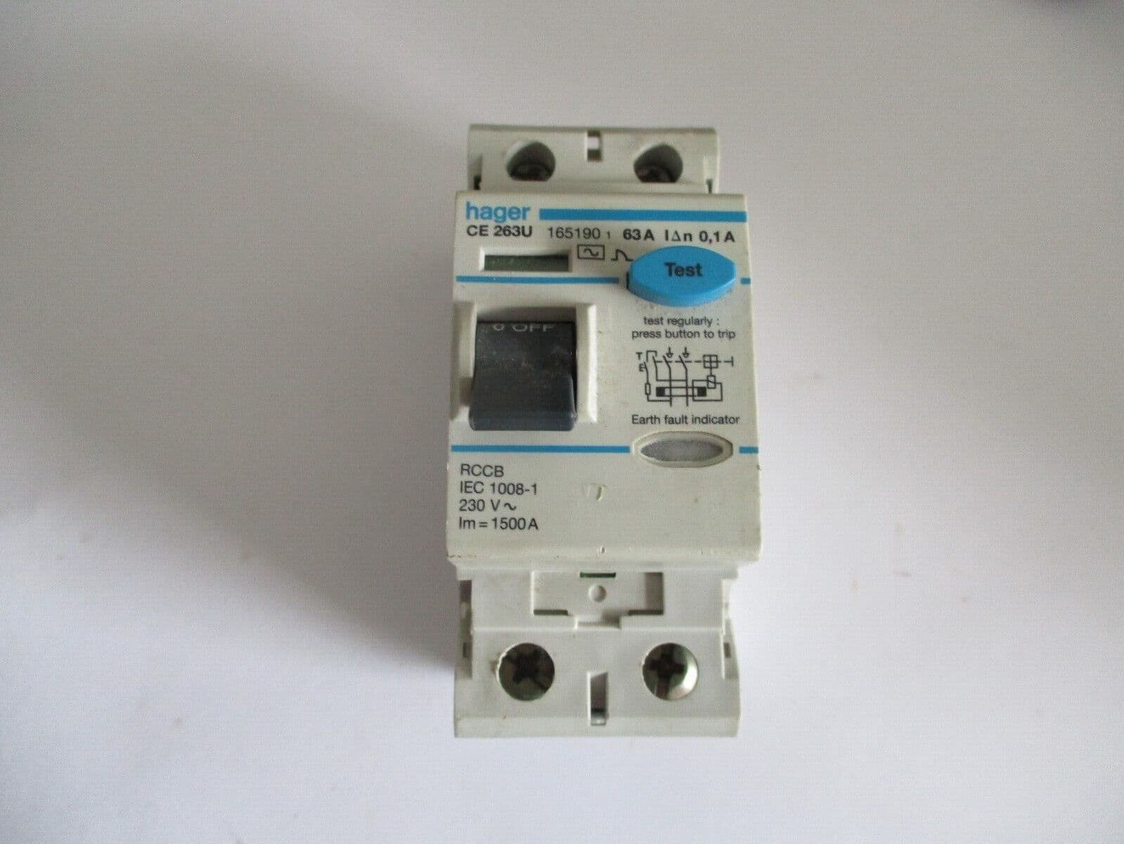 HAGER CE 263U 63 AMP 100mA 165190 RCCB CIRCUIT BREAKER