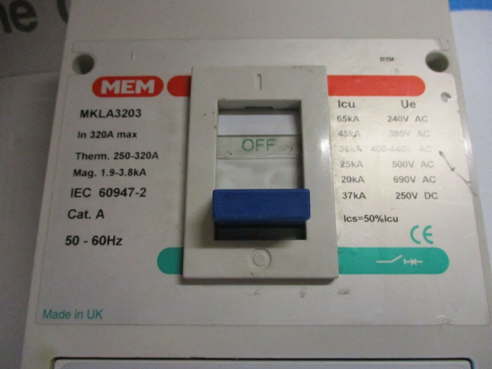 MEM EATON 320 AMP MKLA3203 ADJUSTABLE TRIPLE POLE MCCB CIRCUIT BREAKER