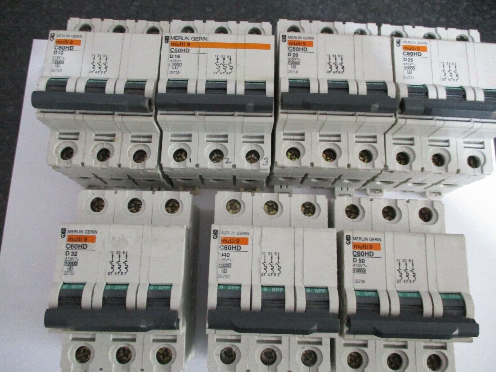 MERLIN GERIN MULTI 9 C60HD D6 D10 D16 D20 D32 D40 D50 D63 10KA TRIPLE POLE MCBS
