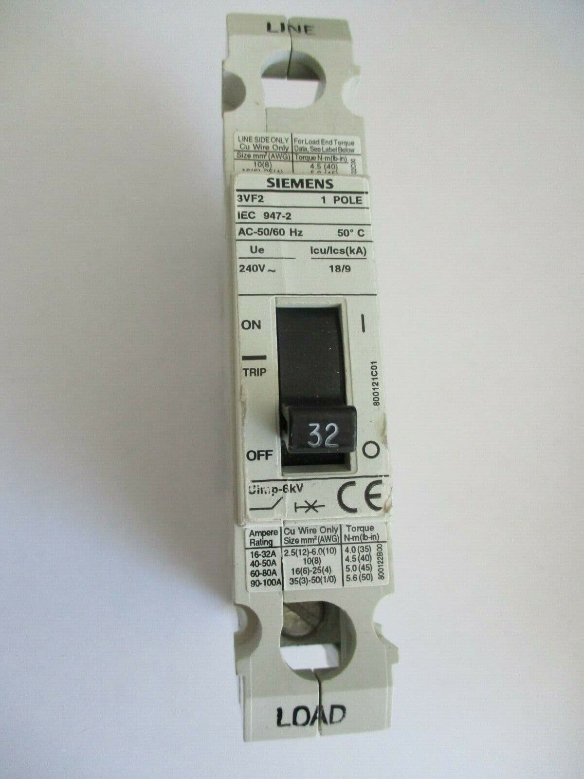 SIEMENS 3VF2 32 AMP SINGLE POLE MCCB CIRCUIT BREAKER